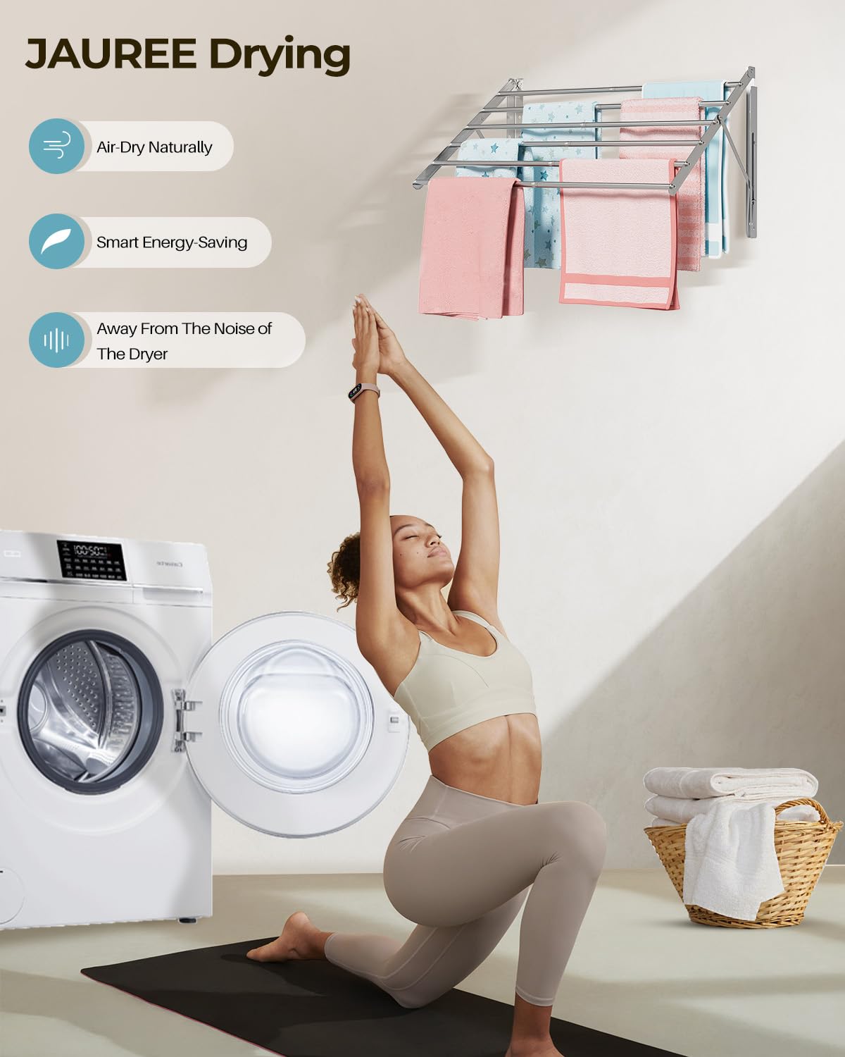 JAUREE Wall Mounted Clothes Drying Rack, Laundry Drying Rack Stainless Steel, Wall Drying Rack Clothing Foldable with 6 Drying Rods, Space Saving Wall Clothes Dryer Rack