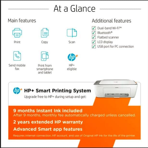 HP DeskJet 2723e All-in-One Wireless Color Inkjet Printer,Print Scan Copy - LCD Display, 4800 x 1200 dpi, 9 Months Free Instant Ink WiFi, Bluetooth, W/Silmarils Printer Cable Media Size