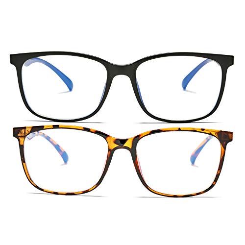 DeBuff Computer Blue Light Blocking Glasses Clear Anti Blue Ray Eyeglasses 2 Pack (Matte Black+Dark Leopard)