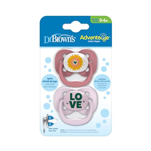 Dr. Brown's Advantage Baby Pacifier, Fully Symmetrical Soother with Soft Silicone Bulb, 0-6m, BPA Free, Lavender Love, 2 Pack (Style May Vary)