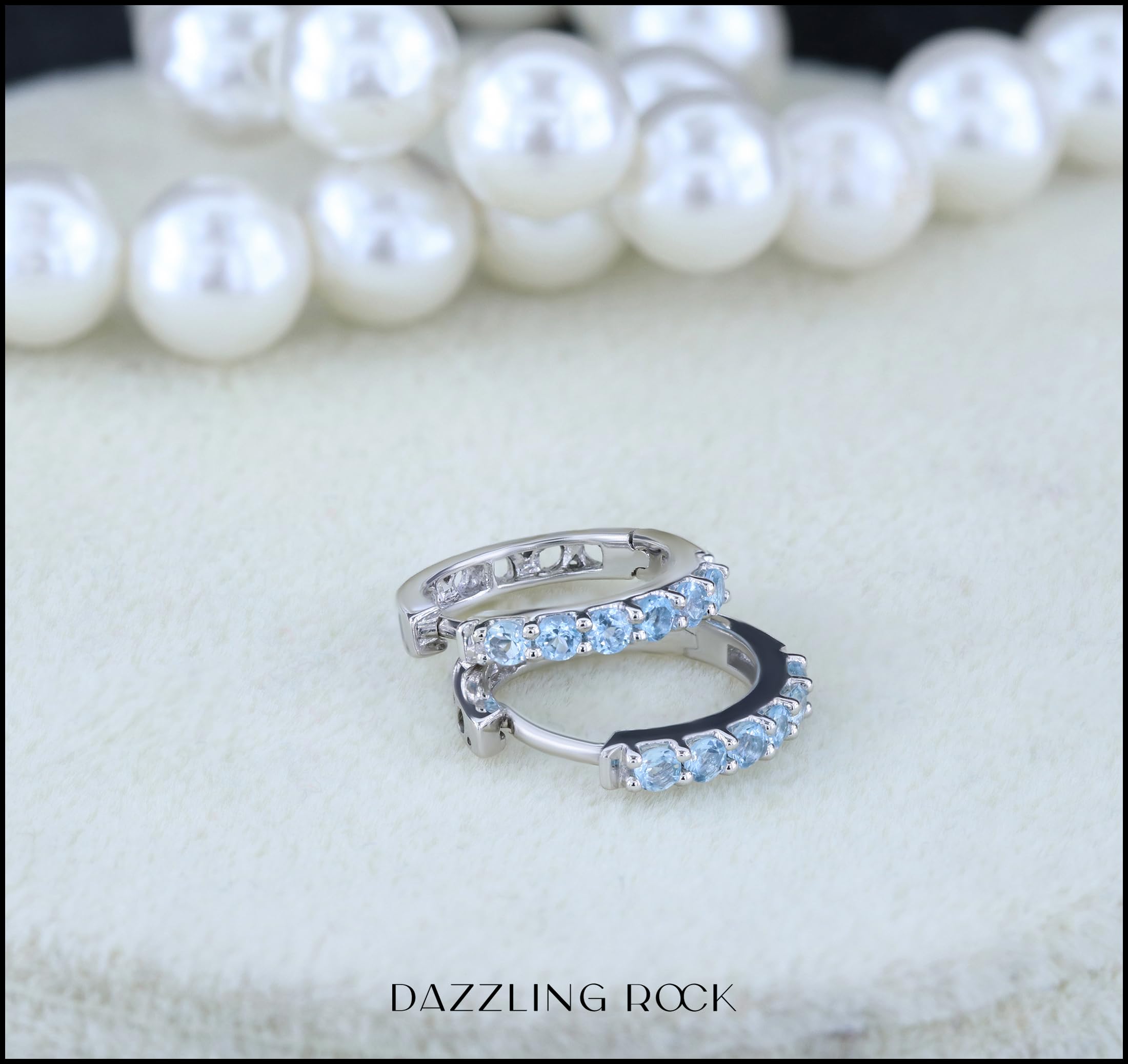 Dazzlingrock Collection Round Blue Topaz Single Row Huggies Hoop Earrings for Women in 14K Solid White Gold