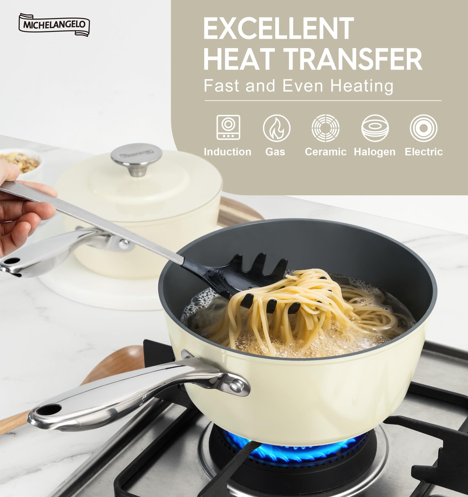 MICHELANGELO Sauce Pan with Lid, Nonstick Ceramic Saucepans Set, 1.5Qt & 3Qt Sauce Pan Sets with Stainless Steel Handle, Non-Toxic, Induction Compatible, Oven Safe