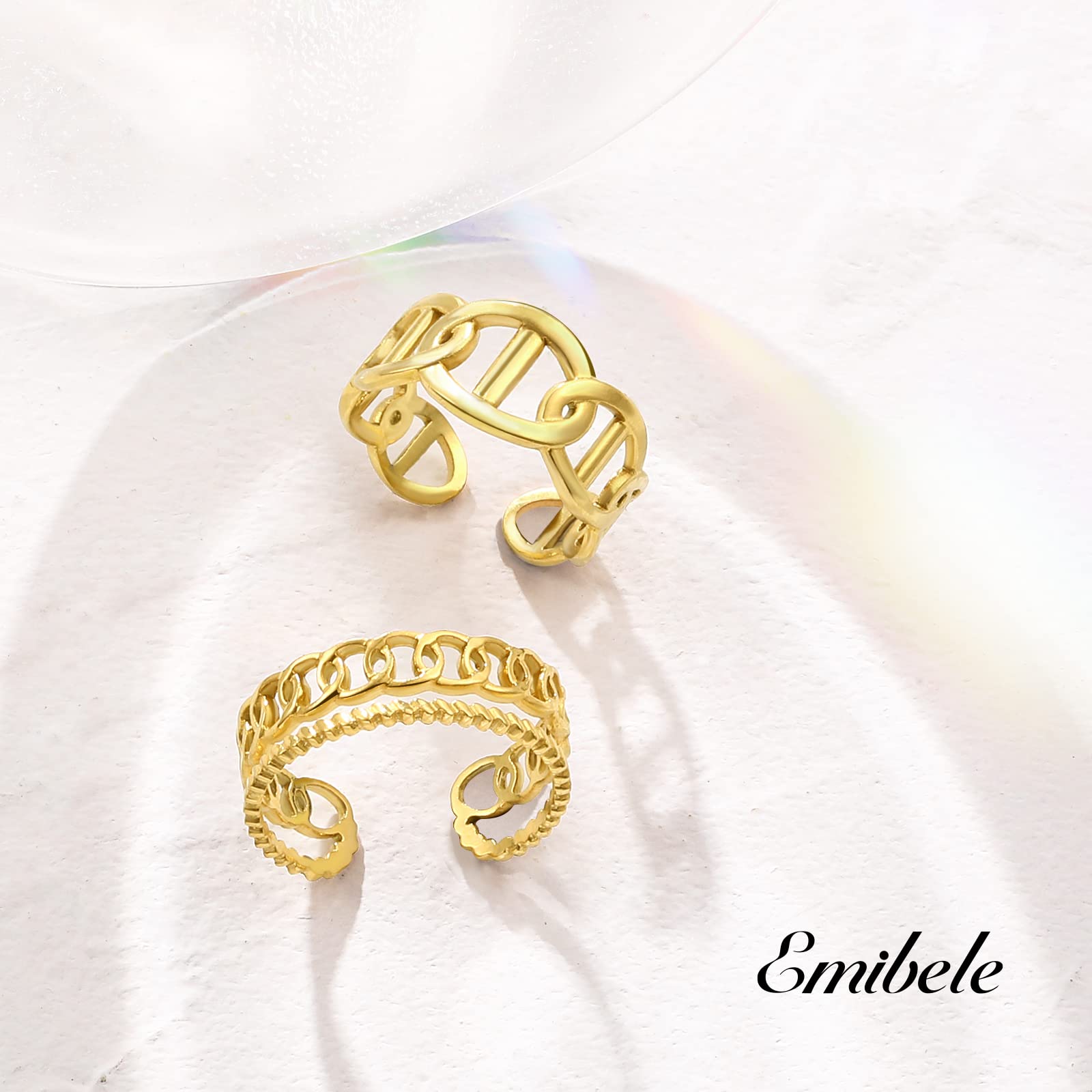 Emibele 18K Gold Plated Rings for Women, 2 Pcs Knuckle Open Ring Cuban Curb Chain Link Ring Adjustable Open Knot Gold Chunky Stacking Ring Set Dainty Jewelry Gift for Ladies, Gold