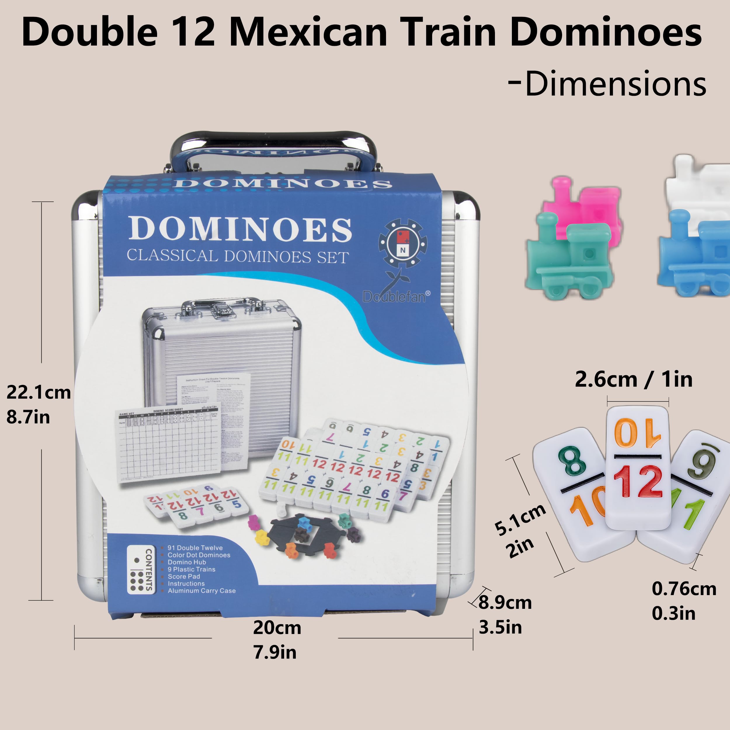 Dominoes Double 12 Colored Dot Dominoes Mexican Train Game Set, Double 12 Colored Dot Dominoes with Aluminum Case Mexican Train Game Set, 91 Tiles(2-8 Player)