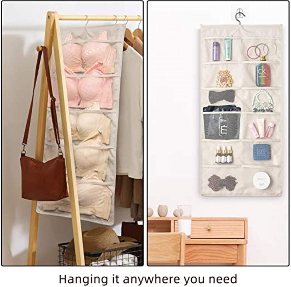 Dual-Sided 15 Mesh Pockets Hanging Closet Organizer for Bra,Underwear,Socks,Sunglasses,Snacks,Makeup,Closet Organizer Storage with Metal Hanger in Bedroom,Storeroom,Dorm(Beige)