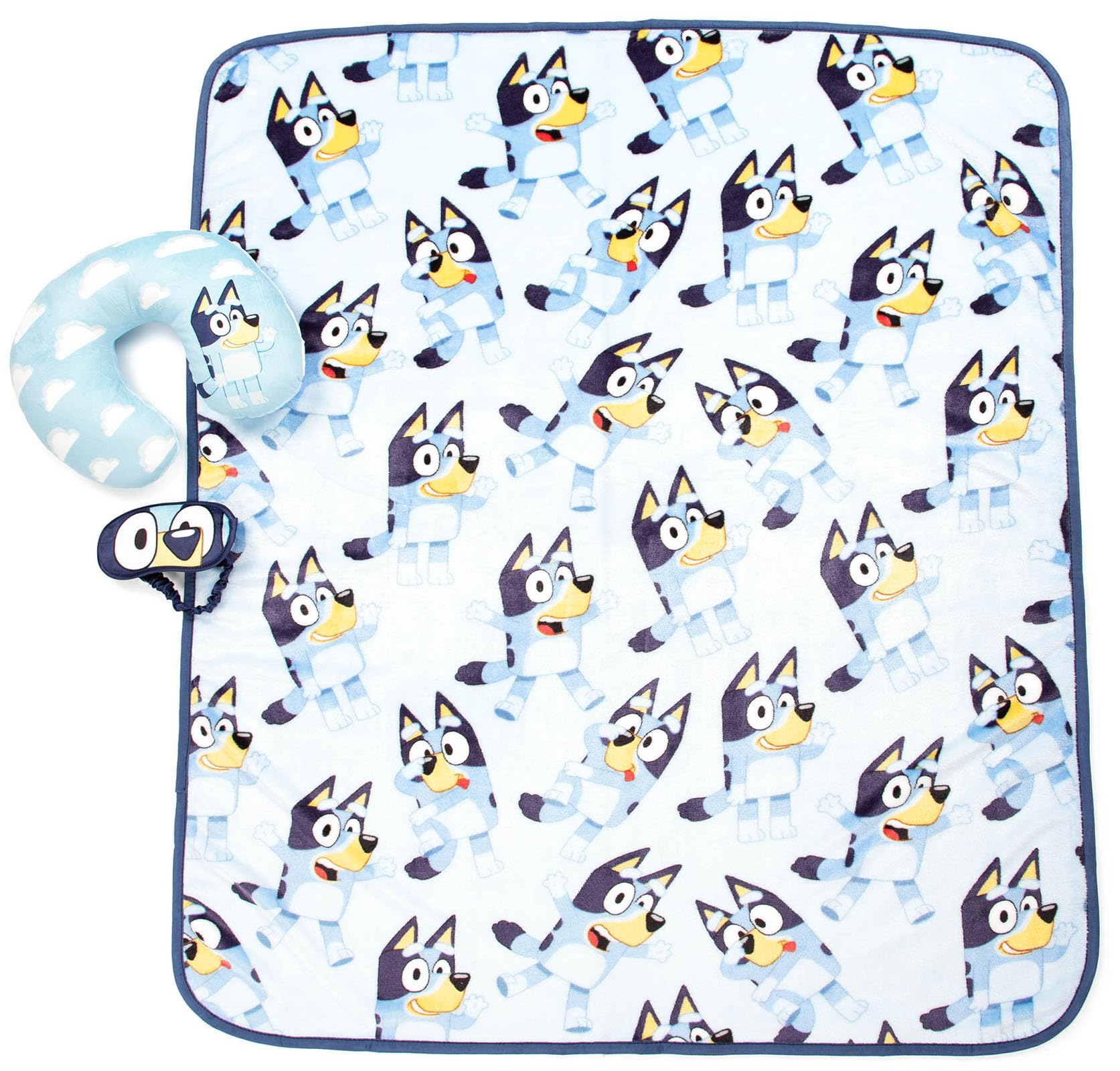 Jay Franco Bluey Kids Travel Set - 3 Piece Set Includes 40 x 50 Throw Blanket, Eye Mask, and Neck Pillow - Super Soft & Cozy Travel Accessories