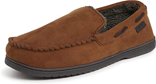 Dearfoams Men's Keaton Memory Foam Moccasin with Wide Widths Slipper, Chestnut Microsuede, Large