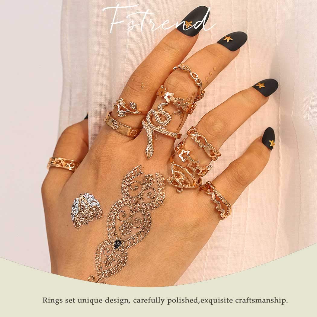 Fstrend Boho Rings Set Gold Snake Rose Joint Knuckle Finger Rings Sets Vintage Star Stackable Midi Ring Jewelry for Women and Girls(11 Pcs)