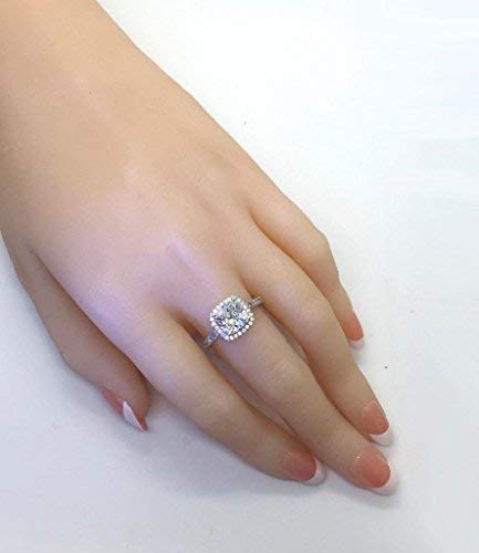 Diamonbella 101 Facets 2 Carat Princess Cushion Cut NSCD Simulated Diamond Ring 925 Silver Platinum Plated Halo (7)
