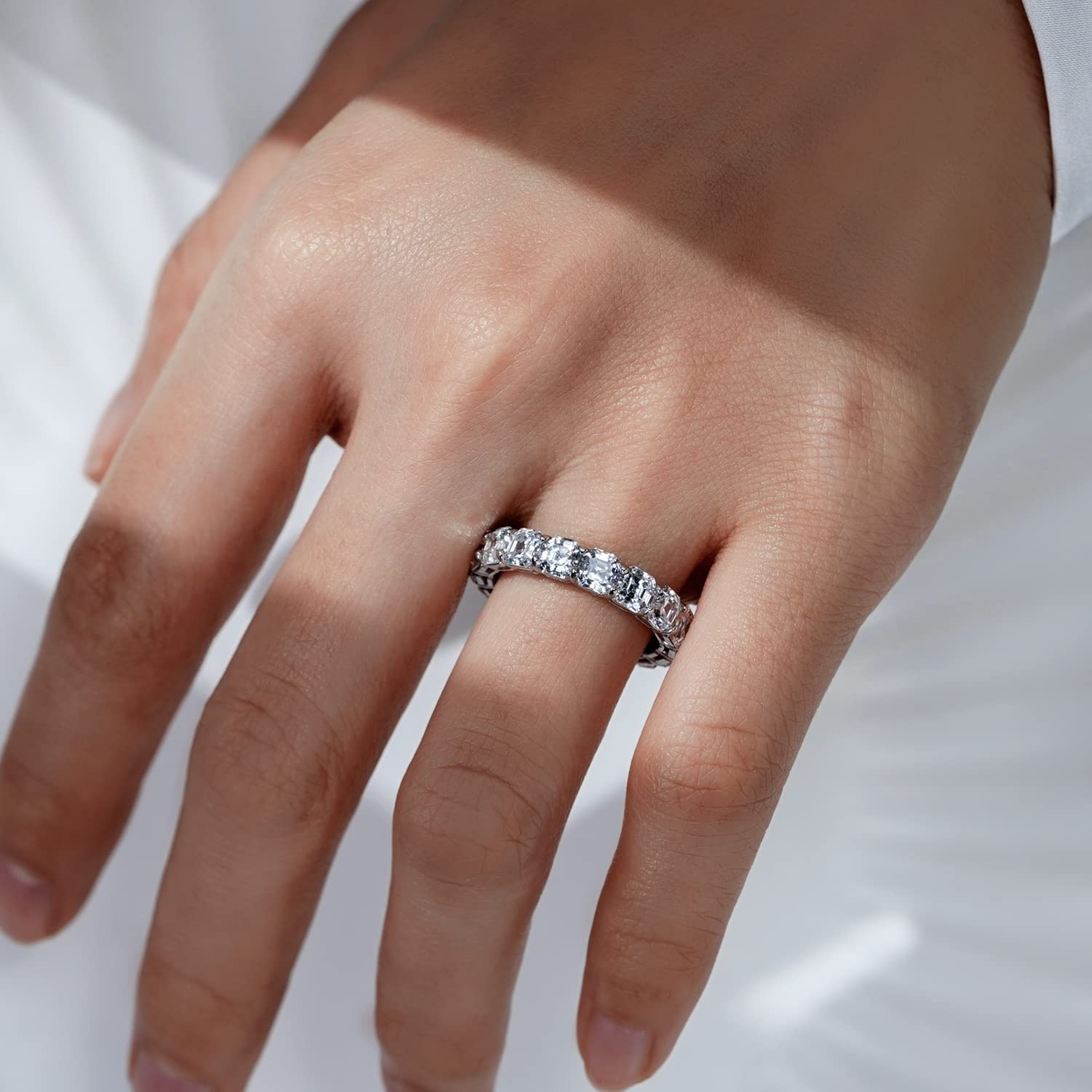 DIAMONBLISS Rhodium Clad Sterling Silver 6 cttw Asscher Cut Simulated Diamonds Eternity Ring, Size 8