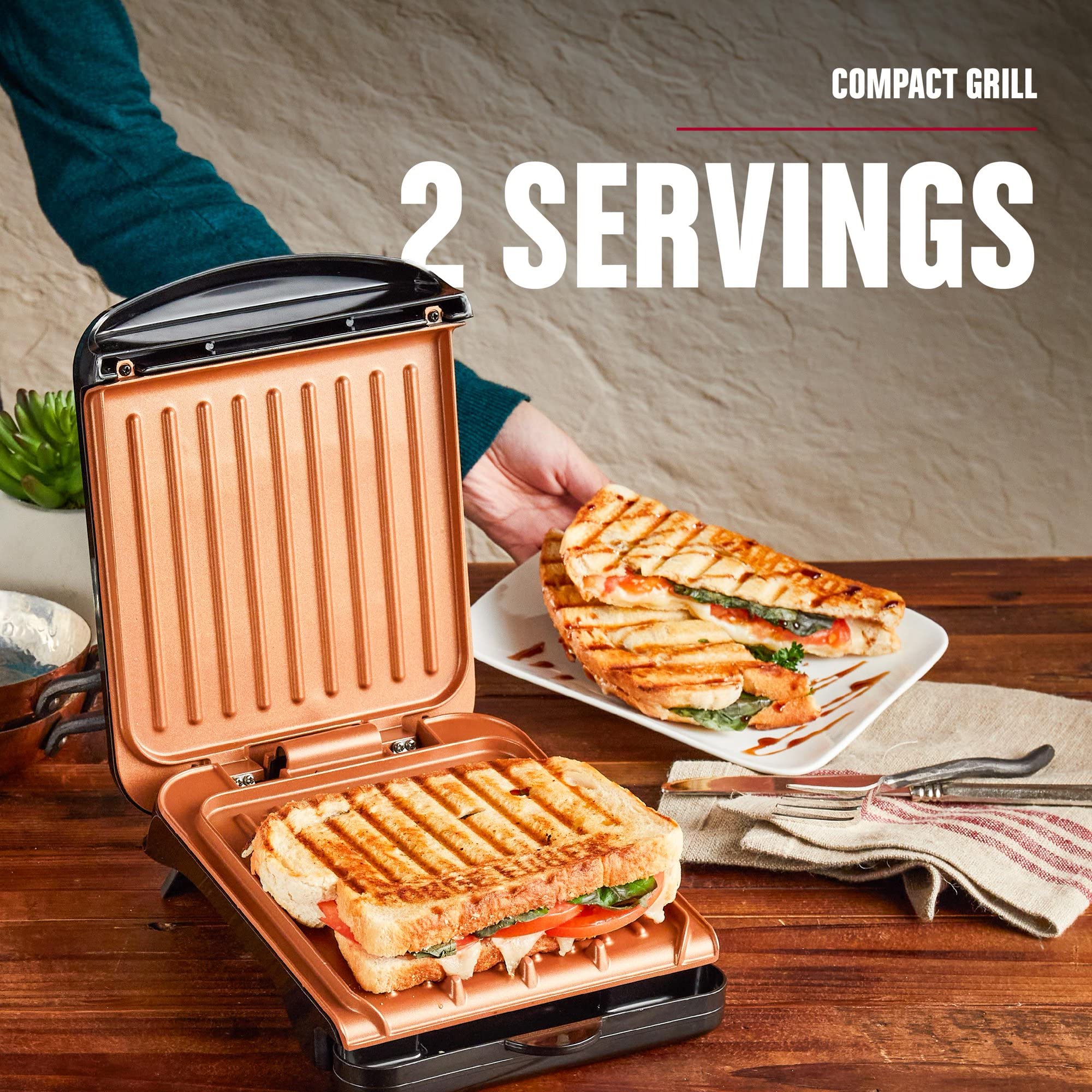 GEORGE FOREMAN GRS040BC 2-Serving Classic Plate Electric Indoor Grill and Panini Press - Black with Copper Plates