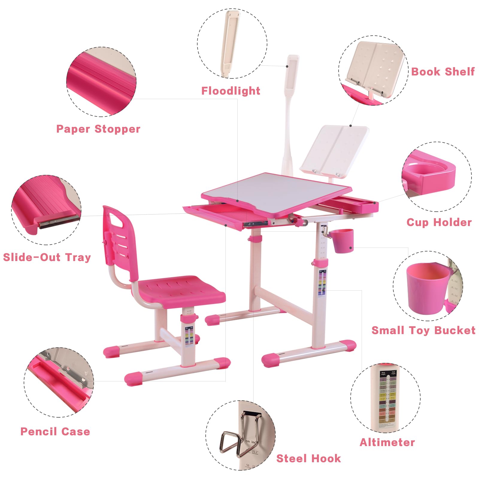 Napfox Desk for Kids Desk and Chair Set Kids Art Desk Drafting Table Desk Set with Adjustable Height, 40-Degree Tiltable Children Desktop, LED Light,Bookstand,Pink