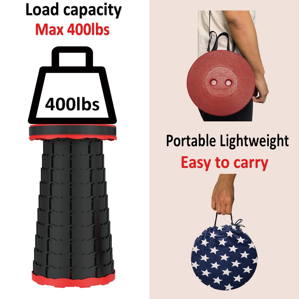Firgione Upgraded Portable Telescopic Stool,Retractable Folding Stool with Cushion and Bag,Camping Collapsible Stool for Outdoor Indoor Hiking Fishing (Red)