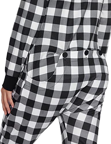 Ekouaer Warm Onesie Pajamas for Women Adults Button Down Plus Size Black Plaid One Piece PJs Black/White Plaid XXL