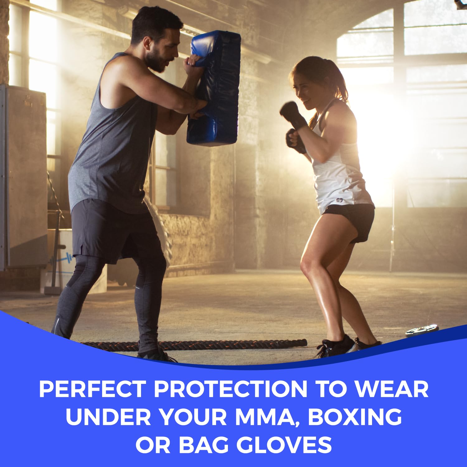 DEFY Padded Inner Gloves Quick 75cm long strap β Inner boxing gloves Gel padded knuckle protection β Elasticated boxing hand wraps for MMA Muay Thai Kickboxing Martial Arts Pair (Blue, Large)