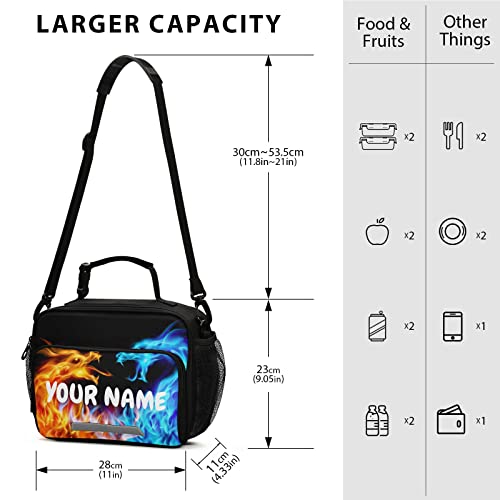 KFBE Custom Name Water Fire Dragon Lunch Box Insulated, Lunch Bags Cooler Tote Bag with Removable Shoulder Strap for Boy one size