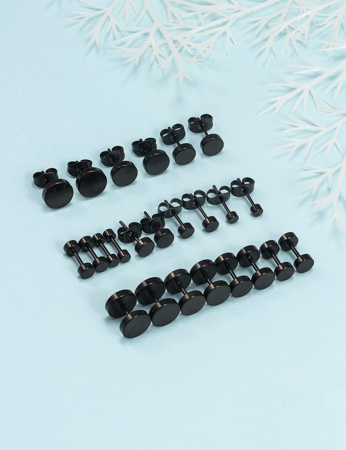 Ftovosyo 12 Pairs Black Stud Earrings for Men Stainless Steel Round Disc Faux Gauges Ear Studs for Women 3mm-8mm