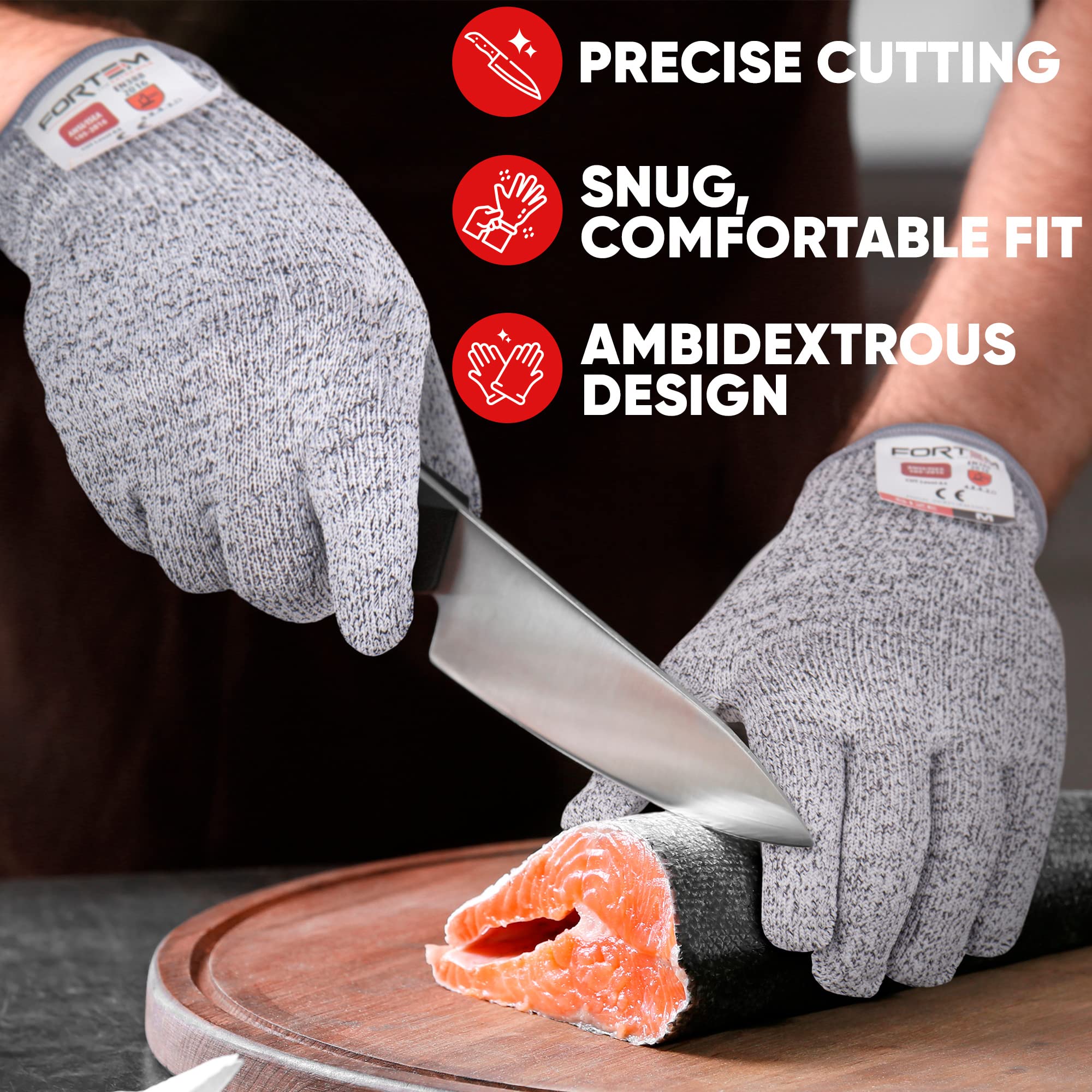 FORTEM Cut Resistant Work Gloves, 4 Gloves, Level 5 Protection, Food Grade, EN388 Certified, Protective, Durable Grip PU Coated Palm (Medium)