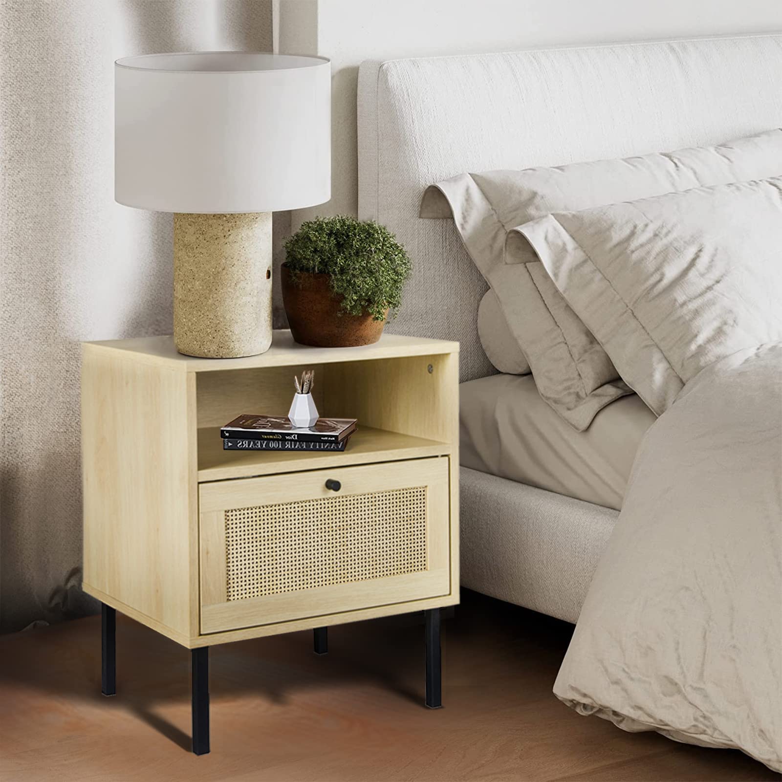 Lamerge Rattan Nightstand Set of 2, Wooden End Table, Modern Side Table with 2 Storage Drawer, Accent Table for Living Room, Bedroom and Small Spaces, Black