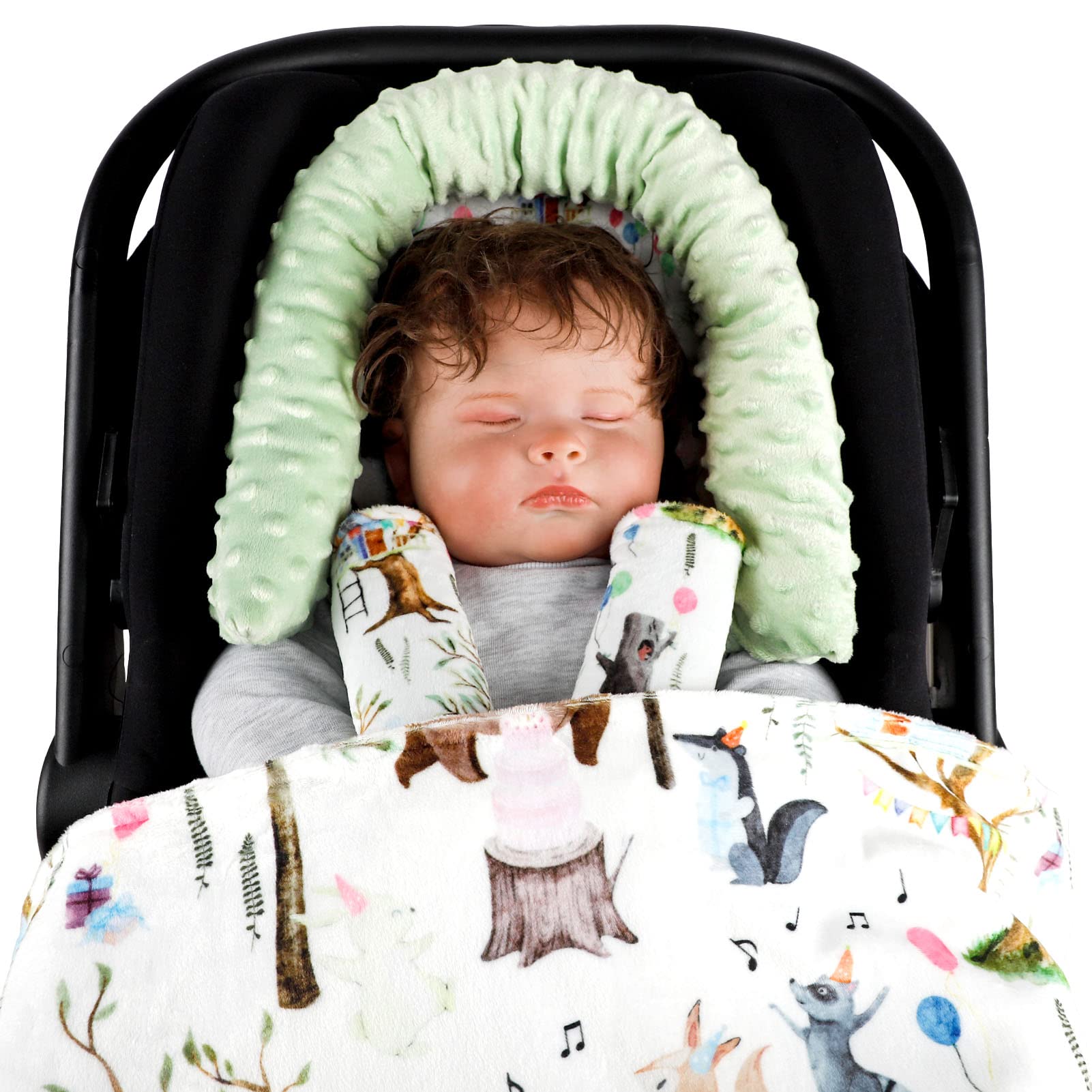 Hooyax Baby Car Seat Head Support Stroller Insert for Boys Girls, Soft Minky Headrest Cushion with Strap Covers Set, Fit for Carseats, Bouncers, Swing