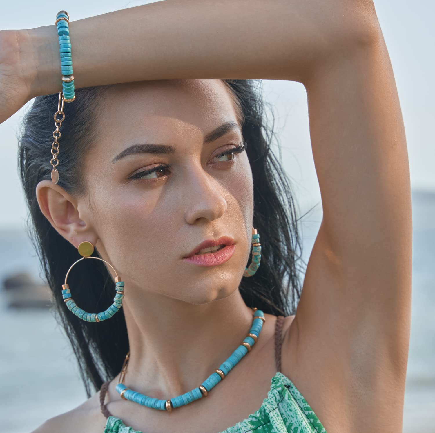 Emptizer Turquoise Necklace, Paperclip Chain Necklace for Women 18k Real Gold Plated, 16”+2