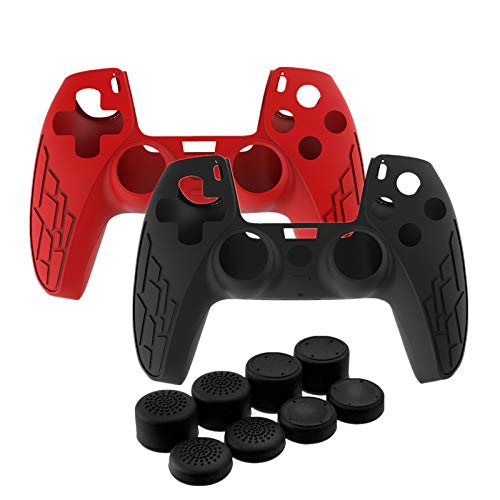 Ealona PS5 Controller Skin - Thickening Silicon Rubber Grip Cover Soft Anti-Slip Protective Case for Playstation 5 Controller - Controller Skin x 2 + Thumb Grips Caps x8 (Black,Red)