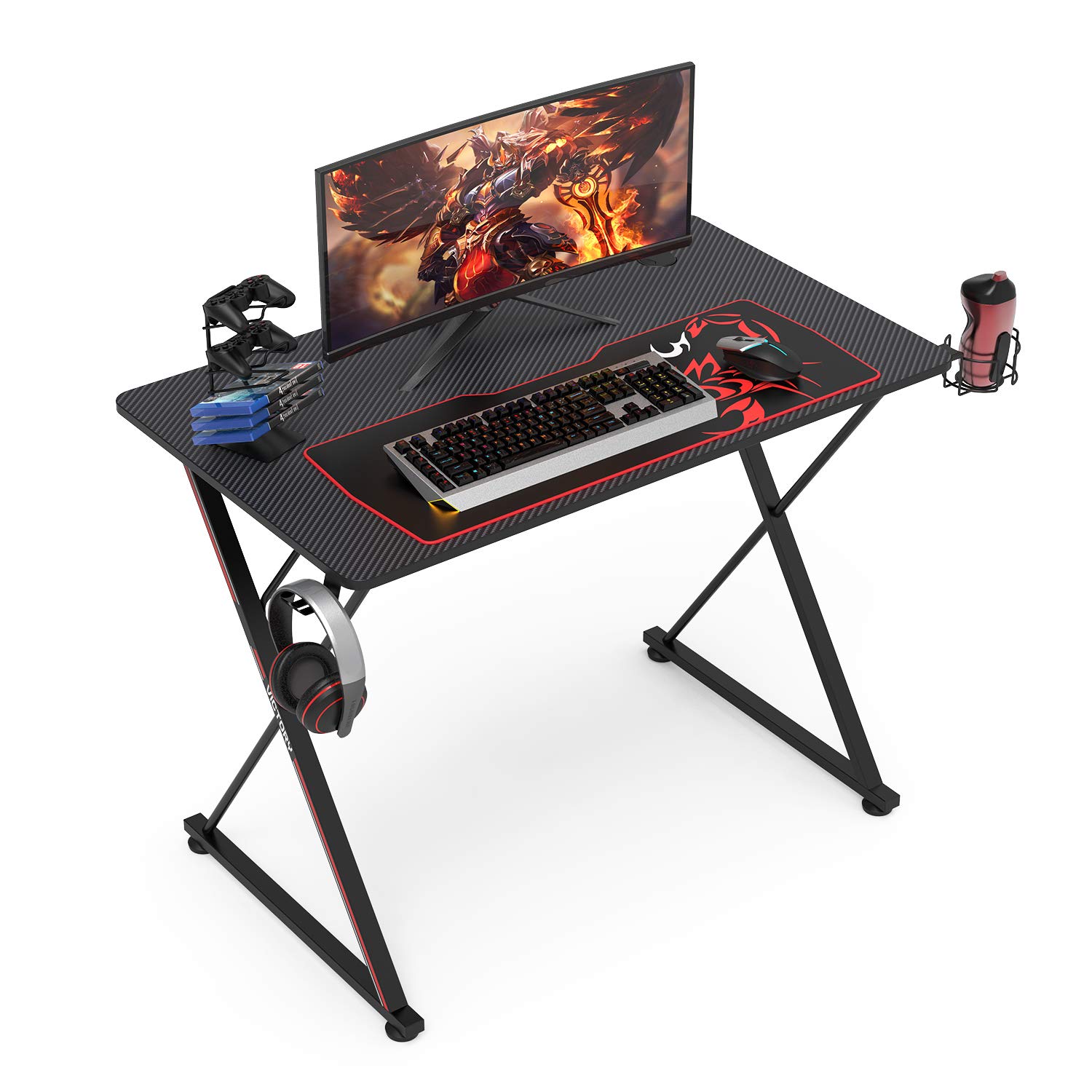 DESIGNA 39'' Gaming Desk, X-Shape Computer Desk with Free Mouse pad, Cup Holder& Headphone Hook & Controller Stand, Gamer Workstation for Home Office, Black
