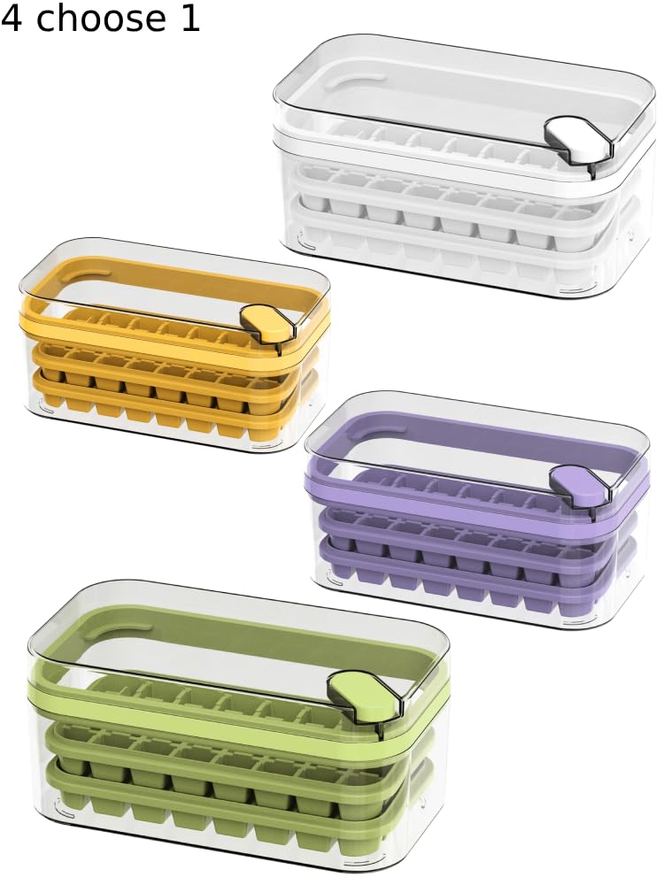 GOHOLE Ice Cube Trays for Freezer with Lid and Bin, 64 Ice Cubes, 2 Trays, Container, Lid & Ice Scoop (Green)
