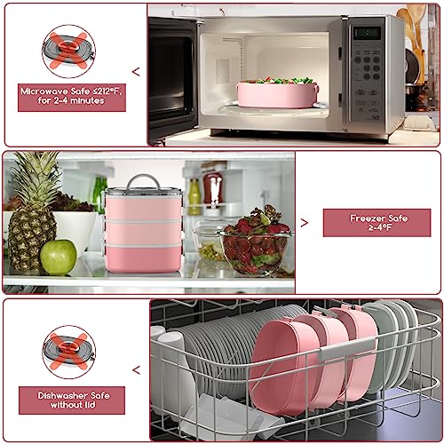 KHOXU Bento Lunch Box, Stackable 3 Layers Bento Box Adult Lunch Box, 94OZ Large Capacity Lunch Containers, Lunch Box Kids with Accessories Kit , Leak-Proof, Food-Safe Materials, Pink