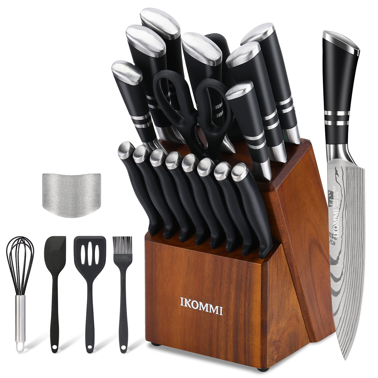 Knife Sets, IKOMMI Knife Set with Block, 23 Piece Chef Knife Set with Block for Kitchen, German High-Carbon Stainless Steel Kitchen Knife Block Set with Sharpener & 8 Steak Knives