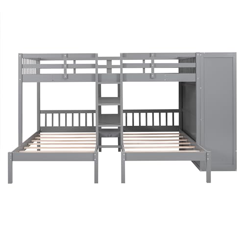 RORIGAT Twin&Twin Triple Bunk Bed with Large Wardrobe, Drawers and Shelves Storage, Wooden L-Shaped Bunkbed Frame w/Mirror for 3 Kids Teens Adults Bedroom, Full/Twin/Twin,Gray
