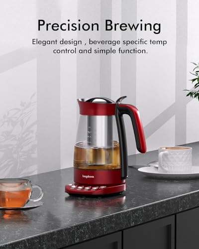 Electric Glass Tea Kettle with Infuser, 1.7L Fast Boiling, Stainless Steel, Temperature Control Tea Maker, BPA Free - Easy Lid Removal & Keep Warm Feature, Red