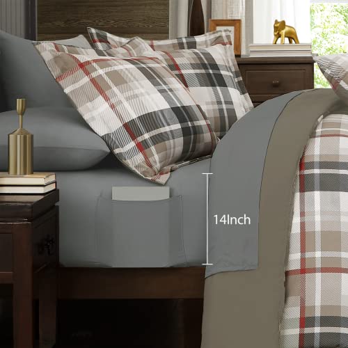 MaiRêve Queen Comforter Set, Plaid Design Comforter Set 8 Pieces, All Season Comfortable Bedding Sets Queen, Lightweight, Warm and Breathable (Khaki, Queen, 90"x90")