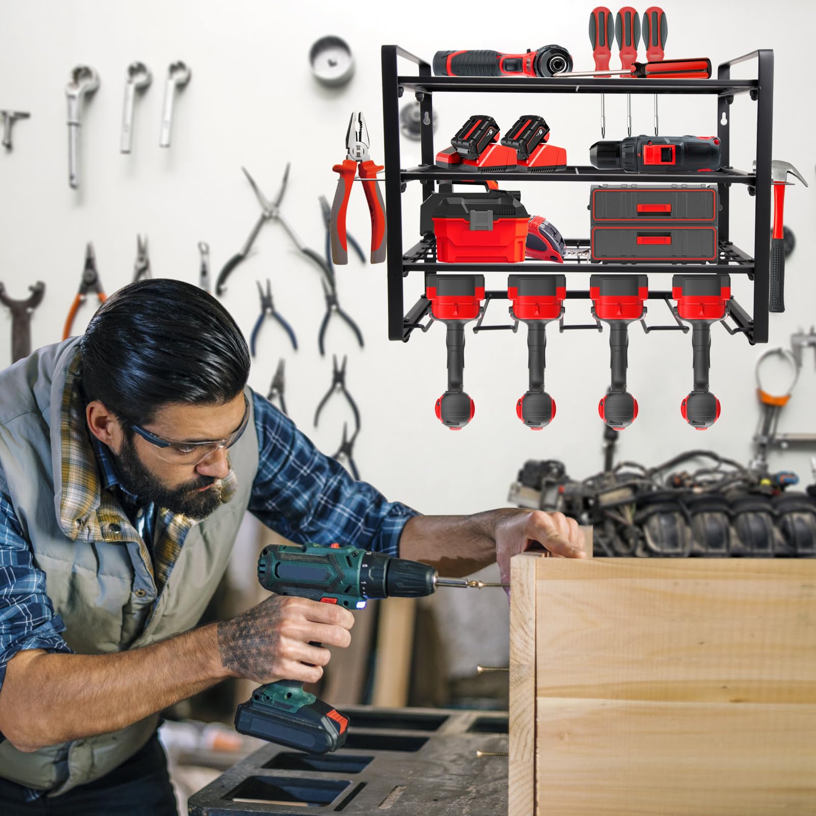 Power Tool Organizer,Heavy-Duty 4 Drill Power Tool Storage 4 Layers Large Capacity Easy to Install Wall Mount Tool Organizer Drill,Power Tool Holder With Screwdriver/Plier Holder