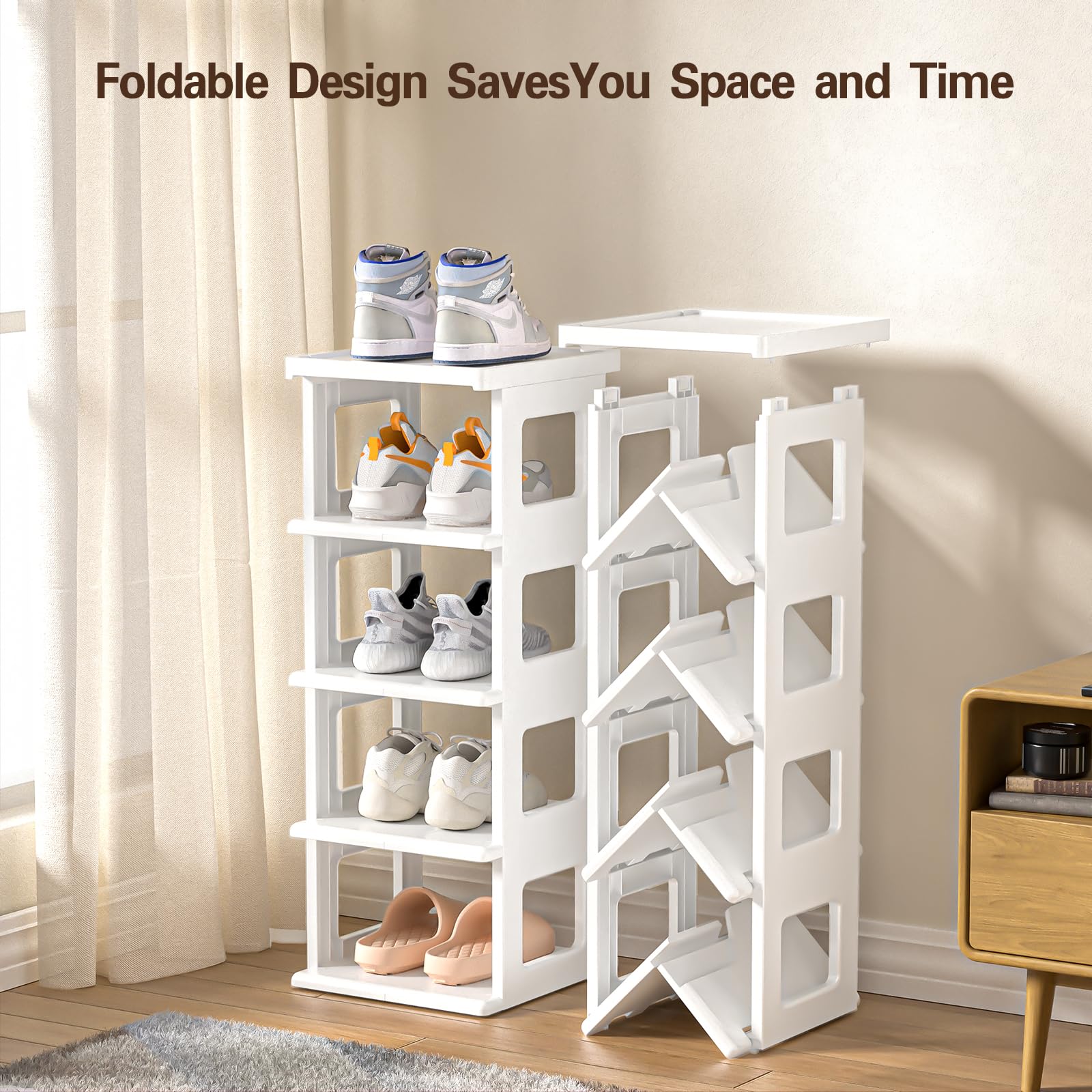 Dscabomlg Space-Saving Shoe Organizer, White Cyan, Plastic, 4 Tier, Foldable, Free Standing, Easy Assembly, Durable