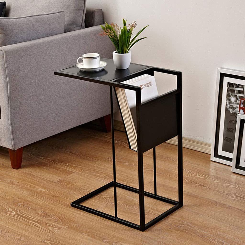 DOUBAO Side Table Mobile End Table for Coffee Laptop Tablet, Slides Next to Sofa Couch, Wood Look Accent Furniture with Metal Frame (Color : Black)