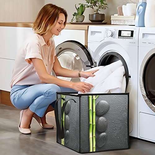 Poeticcity Black Zen Basalt Stones with Dew Green Bamboo on Dark Square Storage Basket Bin, Collapsible Storage Box, Baskets Organizer for Toy, Clothes Easy to Assemble 10.6x10.6x10.6 in
