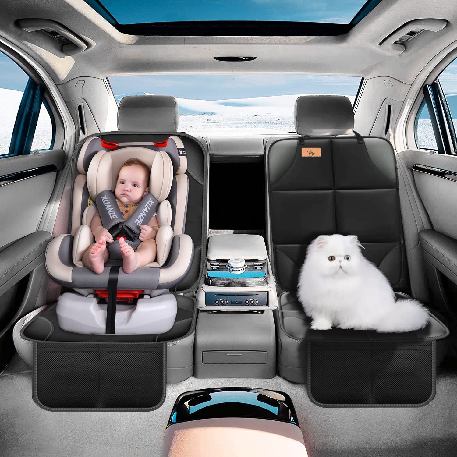 KOHUIPU Thick Padding Car Seat Protector for Child and Pet, Non-Slip Backing with Mesh Pockets - Car Seat Protection Solution