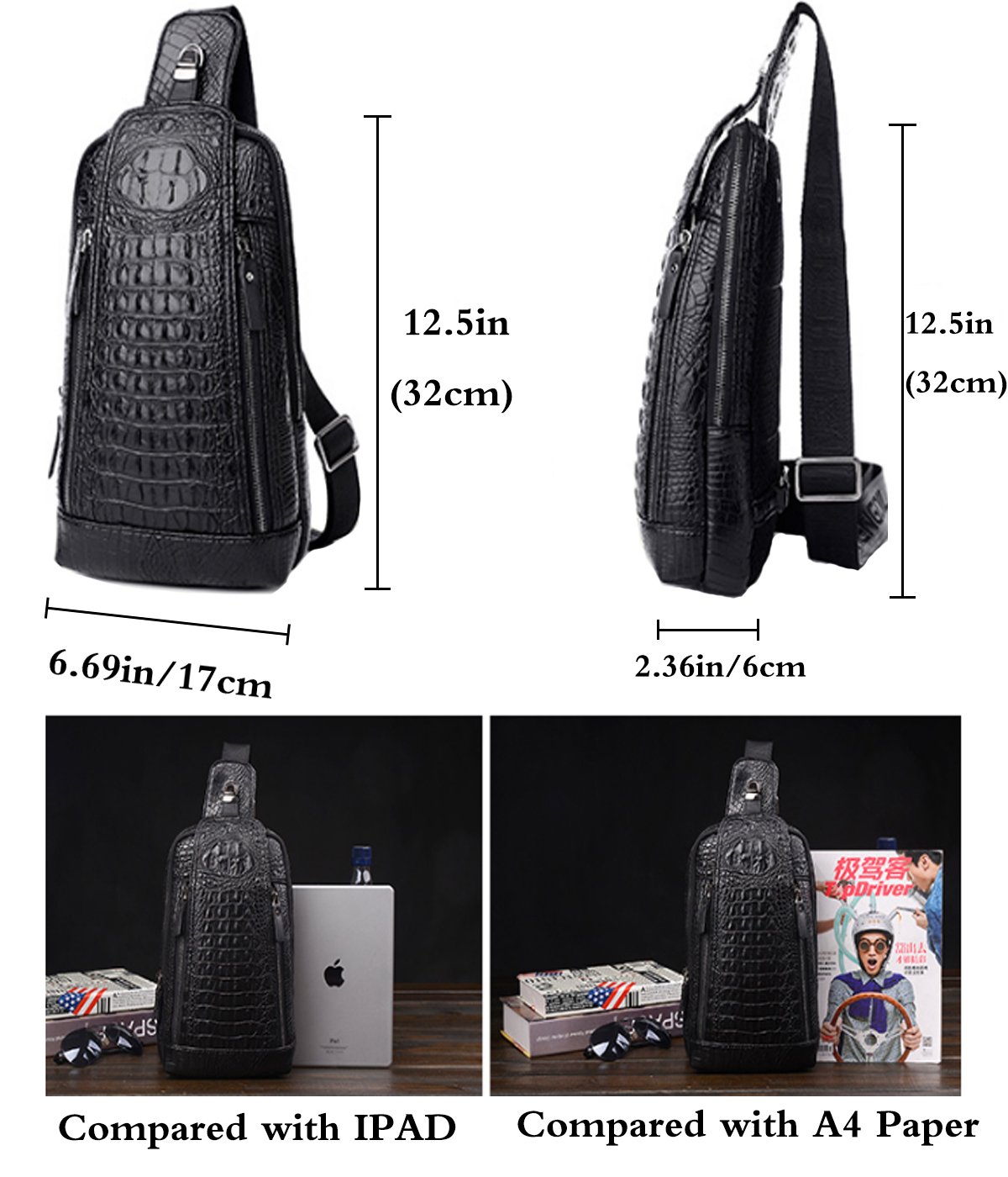 FiveloveTwo Mens Sling Bags Crocodile PU Shoulder Crossbody Chest Bag Satchels Hiking Daypack Dark Brown