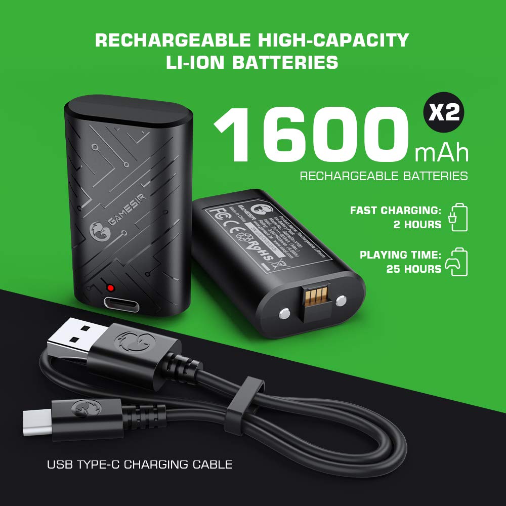 GameSir X100 Controller Battery Pack, 2 pcs 1600mAh Rechargeable Lithium-ion Battery with LED Charge Indicator & Type C Cable, for Xbox One, Xbox One Elite Controller, Xbox Series X/S Game Controller