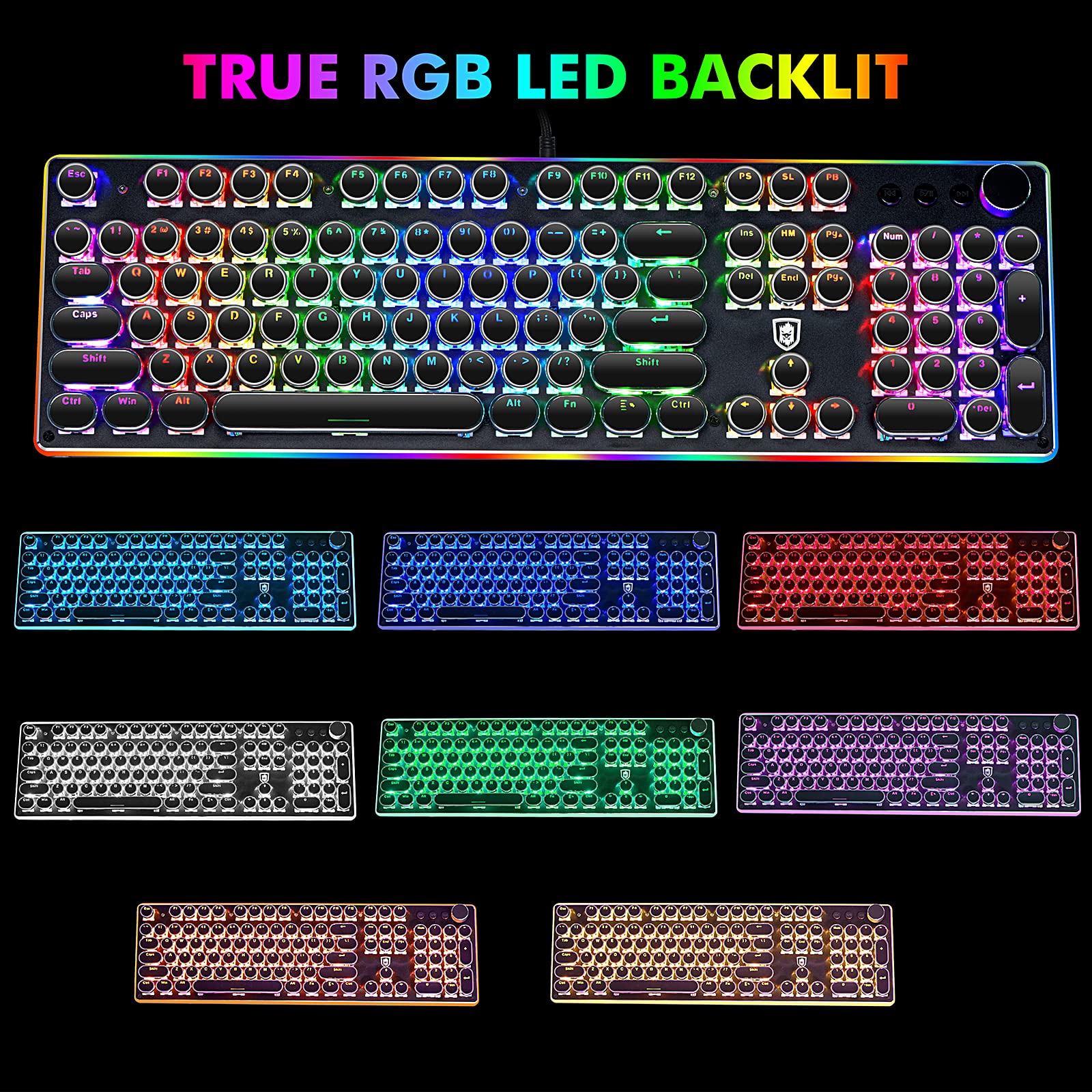 KOLMAX HUNTER Typewriter Style Mechanical Gaming Keyboard,RGB Backlit Wired Gaming Keyboard with Blue Switch Retro Steampunk Round 104 Anti-ghosting Retro Round Keycaps for Windows/Mac/PC