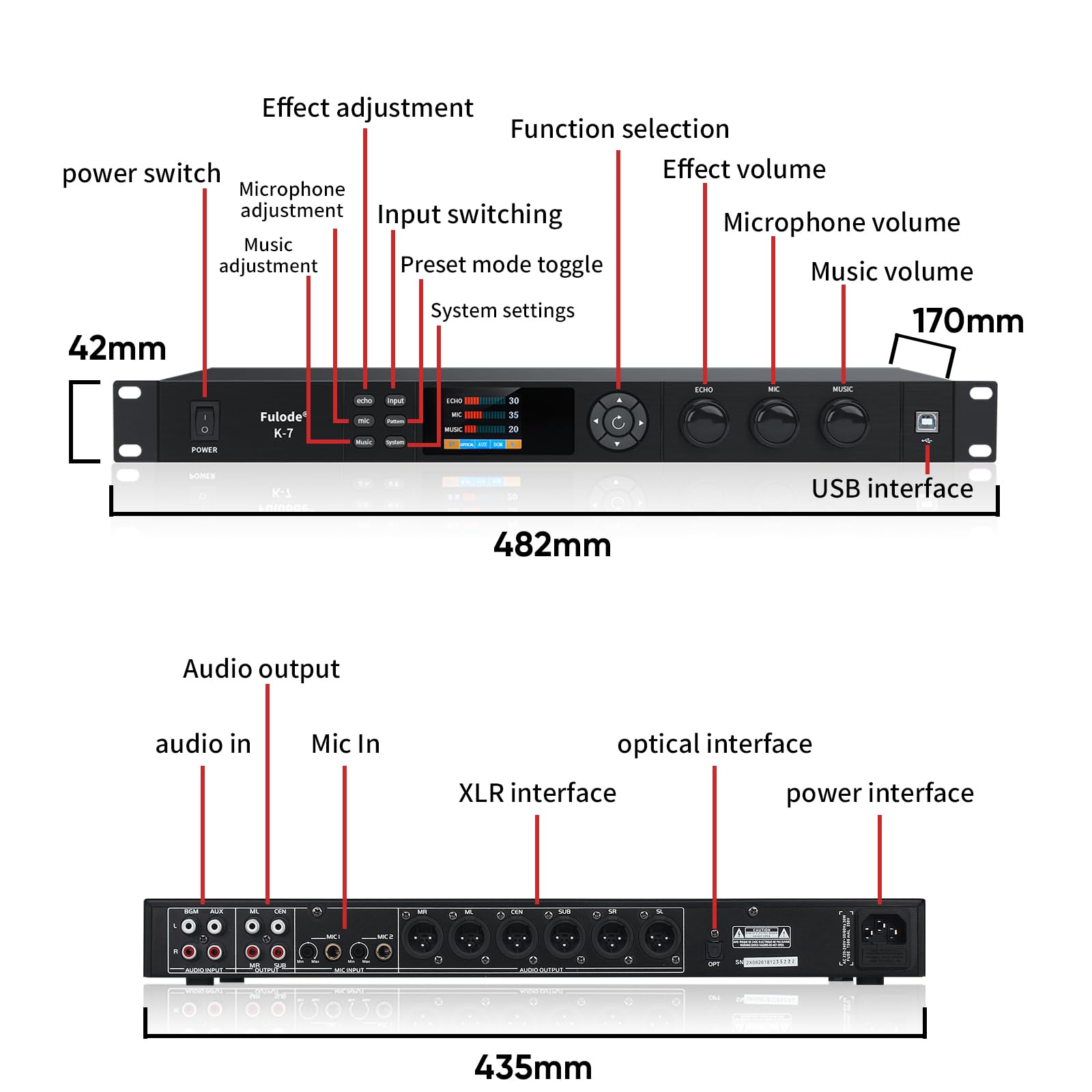 FULODE K-7 Professional KTV Pre-Effector Household ReverberatorKaraoke Anti-Howlino Audio Processr Al ioital Eulrzation Function Mixer Bluetooth optical,USB PC Connection Control,remote contro