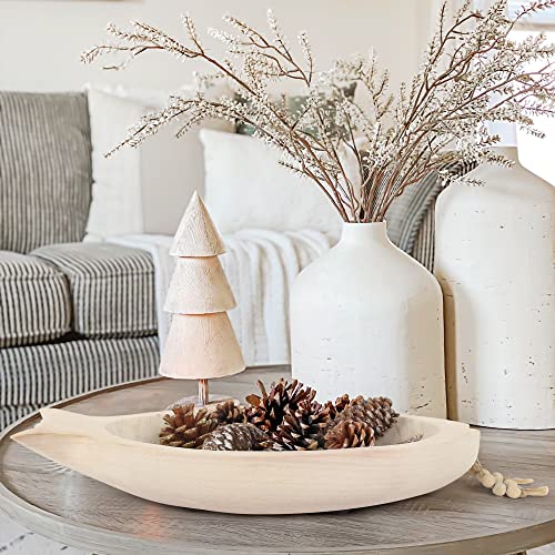 Decorative Bowl with Wooden Bead Tassels, Hand Carved Fish Shaped Coastal Decor, Table Centerpieces Bowl, Small Decorative Tray, Home Decor Accents for Farmhouse Boho Rustic Style (15.7"x 6.5")