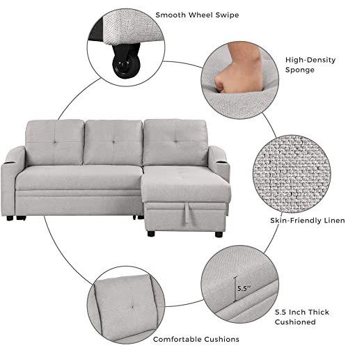 Merax L Shaped Sectional Sofa with Pull-Out Sleeper Bed Chaise Lounge for Living Room, Apartment or Small Spaces Love Seats, Antique Gray w/Storage