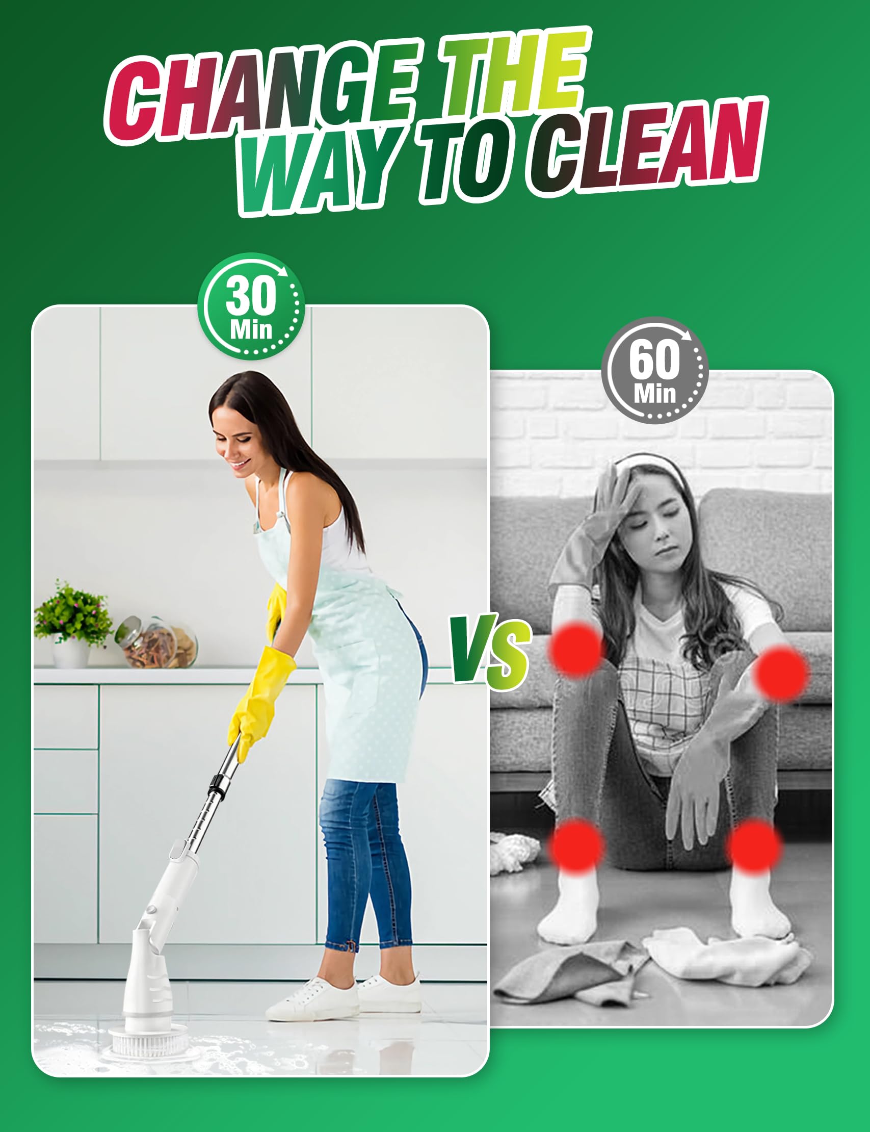 Electric Spin Scrubber, 520RPM Cordless Cleaning Brush with 6 Replaceable Head & Adjustable Extension Handle Power Shower Scrubber for Bathroom Tub Grout Floor Wall Sink Tile