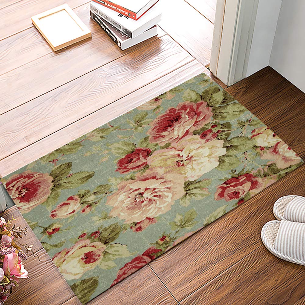 Roses Flowers Doormats Entrance Front Door Rug Spring Floral Pink Red Vintage Mat for Indoor/Bathroom/Kitchen/Bedroom/Entryway Floor Mats Floral Kitchen Rug Non-Slip Rubber Low-Profile 23.6x15.7 inch