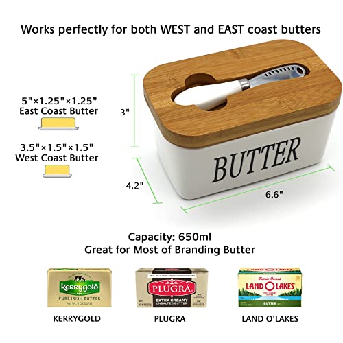 Lovelyduo Large Butter Dish with Lid for Countertop Ceramics Butter Keeper Container with Knife High-quality Double Silicone for Kitchen, Farmhouse, Fridge, Gift Rectangle White