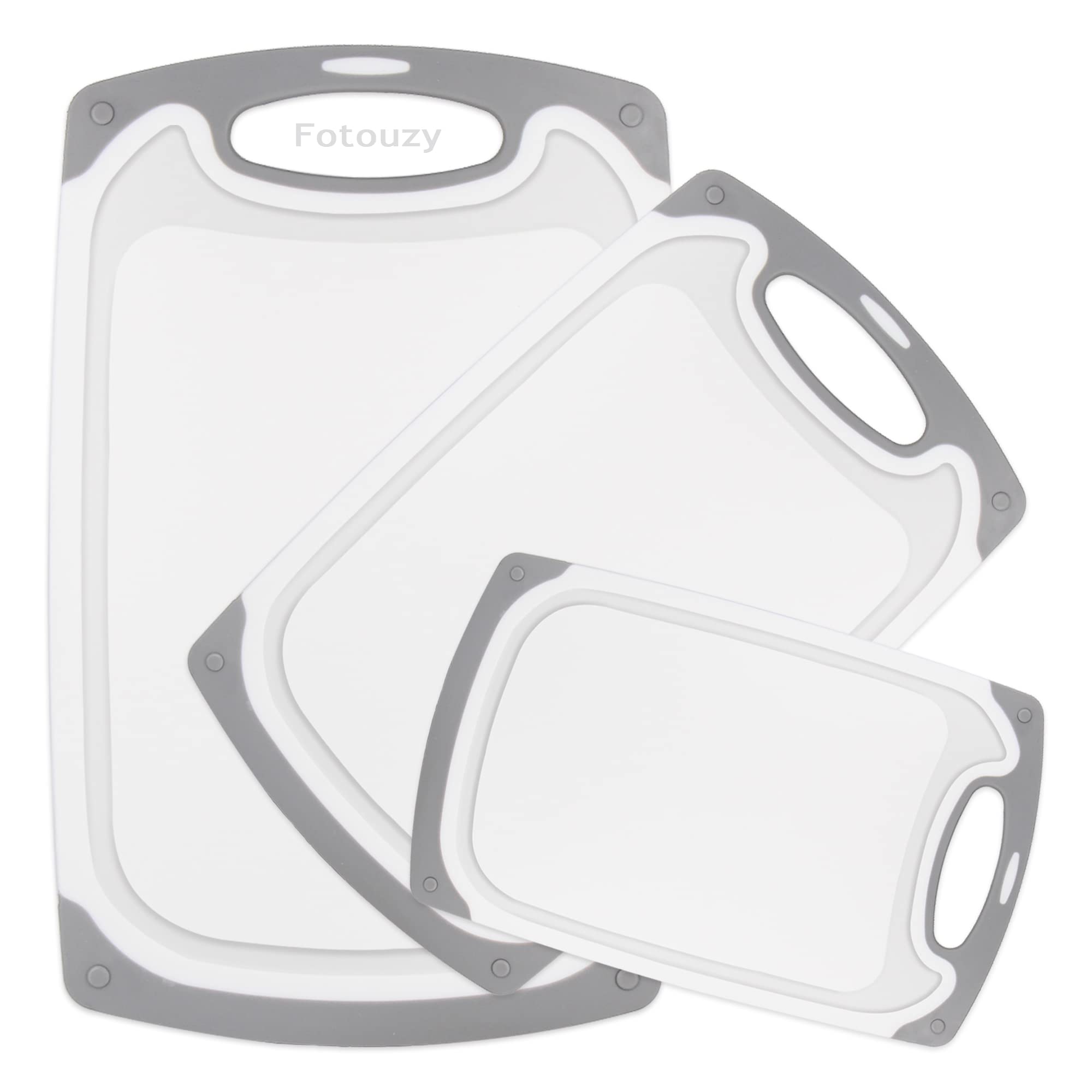 Fotouzy Extra Large Cutting Board Set of 3, BPA Free, Dishwasher Safe, Juice Grooves, Large Thick Plastic Boards, Easy Grip Handle, Non-Slip, Non Porous, Kitchen (Gray)