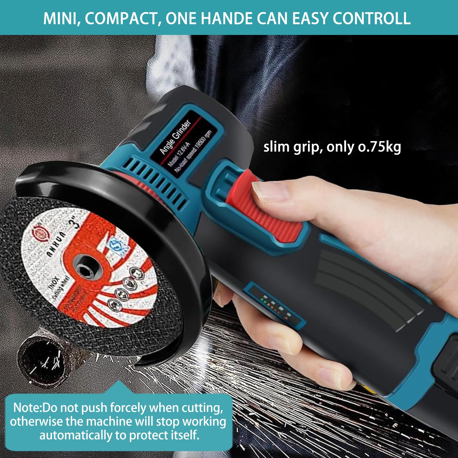 Mini Angle Grinder, 12.6V 3inch Angle Grinder with 2 * 2500mAh Batteries and 5 Grinding Wheels, Brushless Motor 19500RMP Cordless Grinder, Cutting/Deburring/Derusting Grinder Tool (Blue)