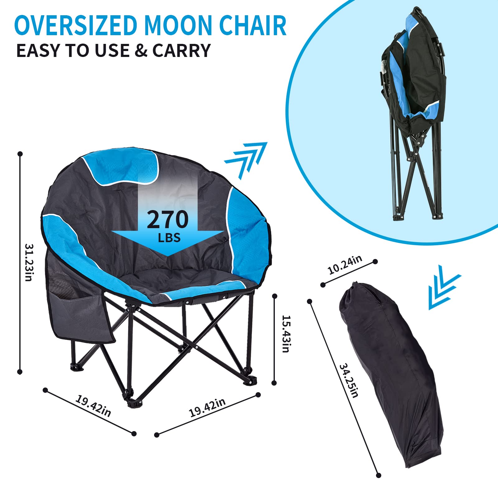 EUROSAKURA Oversized Moon Chair Folding Camping Chair Round Portable Camp Chair Comfortable Outdoor Chair (Blue)